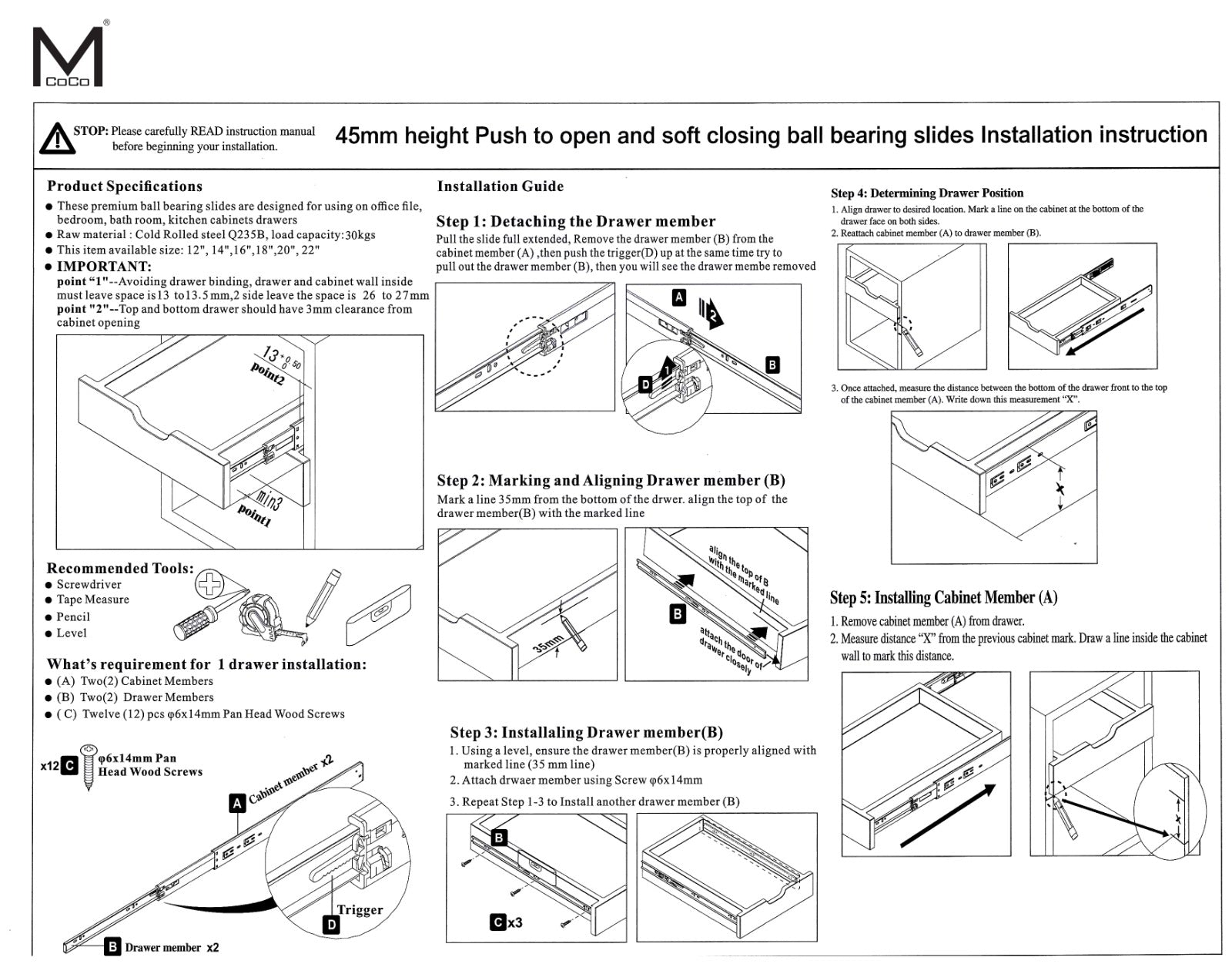 Mcoco Drawer Railing Inch Between 12 To 20 Soft Close & Push Open Ball ...