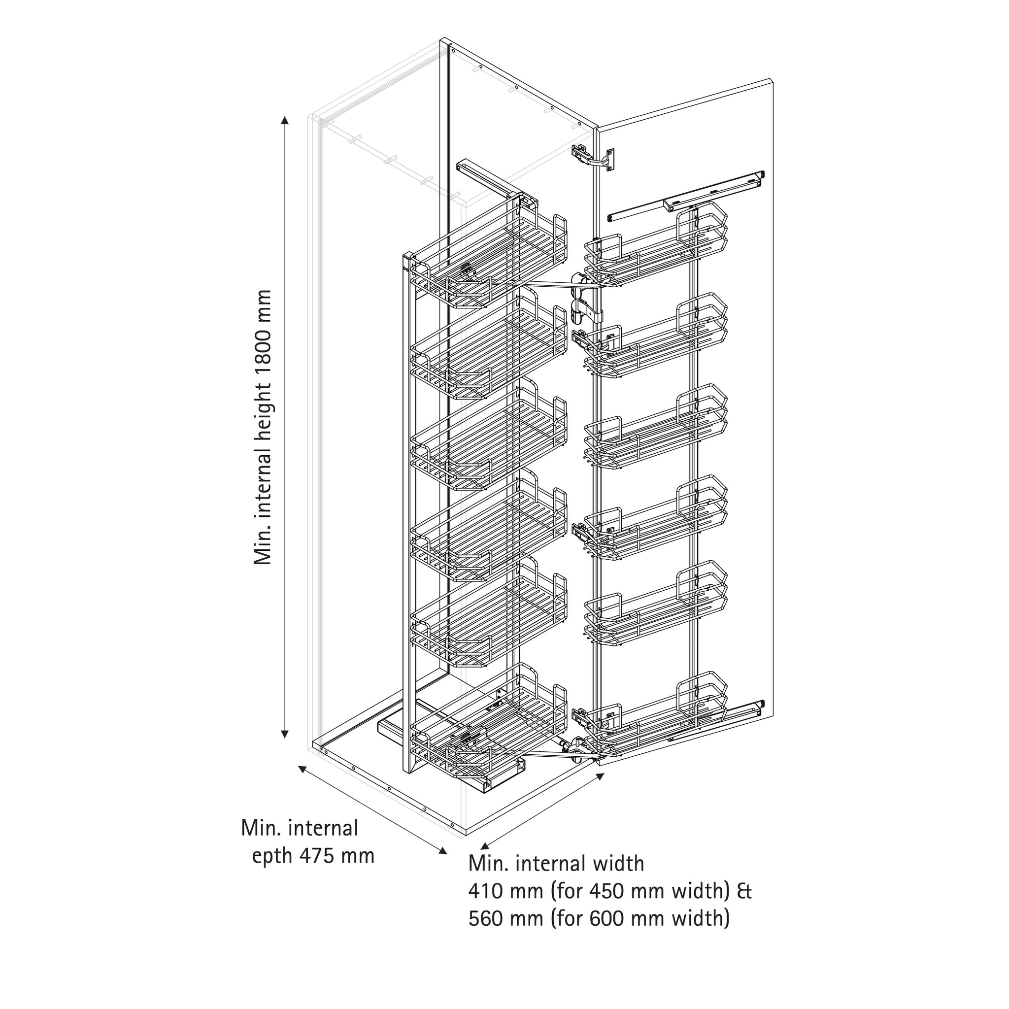 Hettich Larder Pullout With Soft Closing Suitable Cabinet 450mm Stainl ...