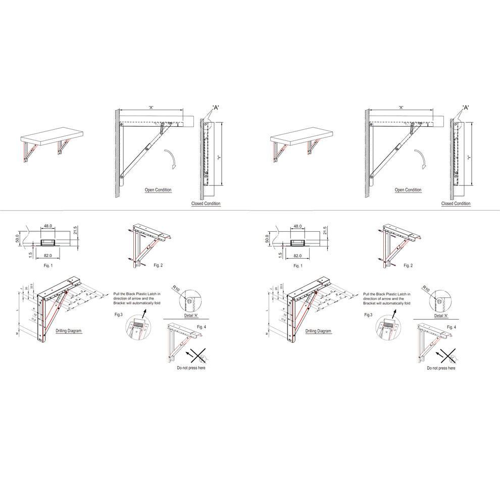 Ebco Foldable Table Bracket Recessed Sizes 300mm,400mm & 500mm Anthrac ...